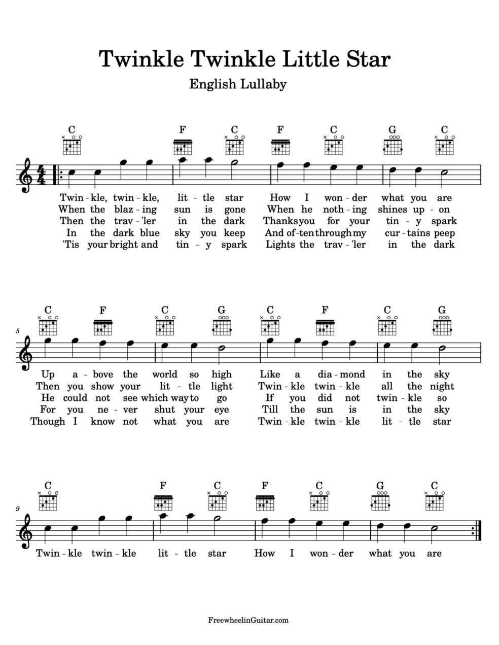 Twinkle Twinkle Little Star – Lead Sheet | FreewheelinGuitar.com
