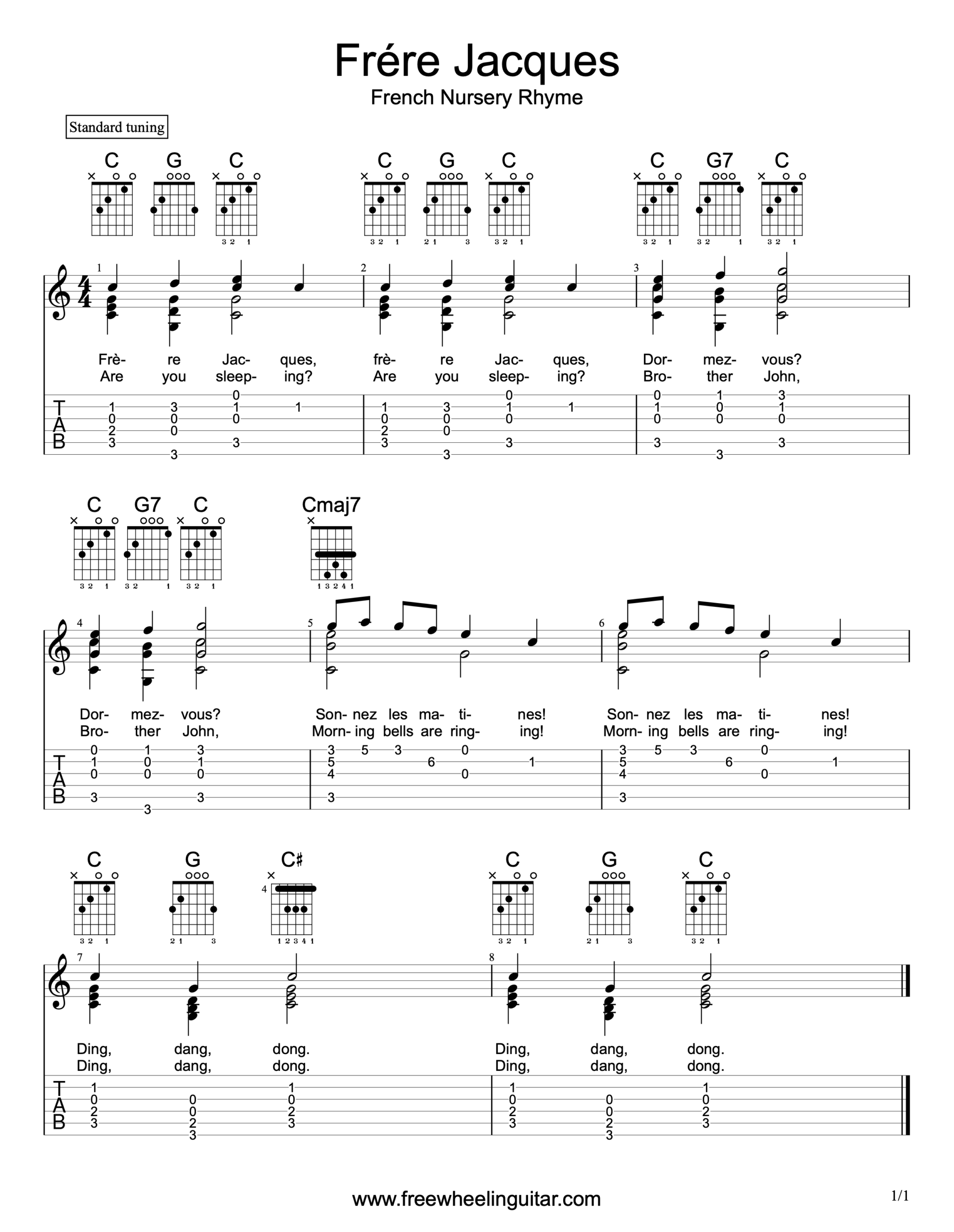 Frére Jacques – Fingerstyle Guitar Tab | FreewheelinGuitar.com