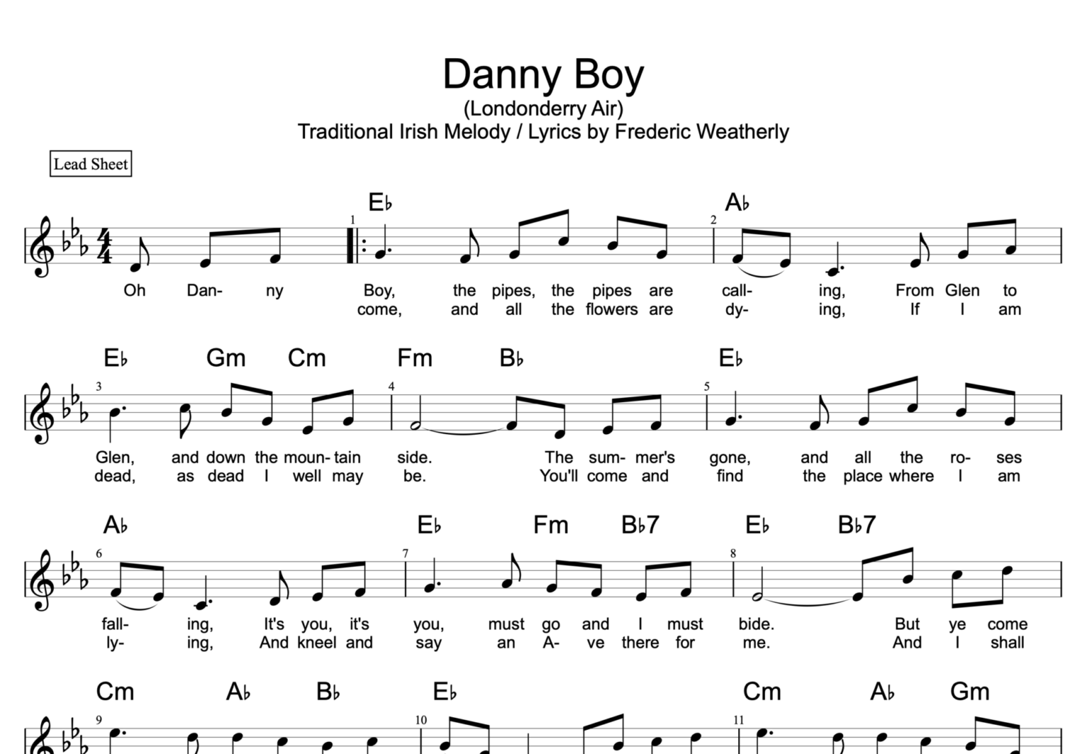 Danny Boy – Lead Sheets in Eb major & Ab major | FreewheelinGuitar.com